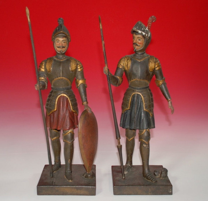 2 large knight figures * carved wood & handpainted * c. 1800