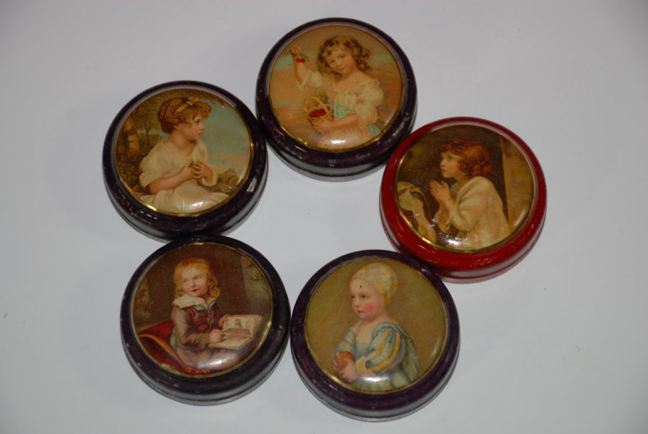 5 miniature tin cans with children's motifs * litho tin. * France ...