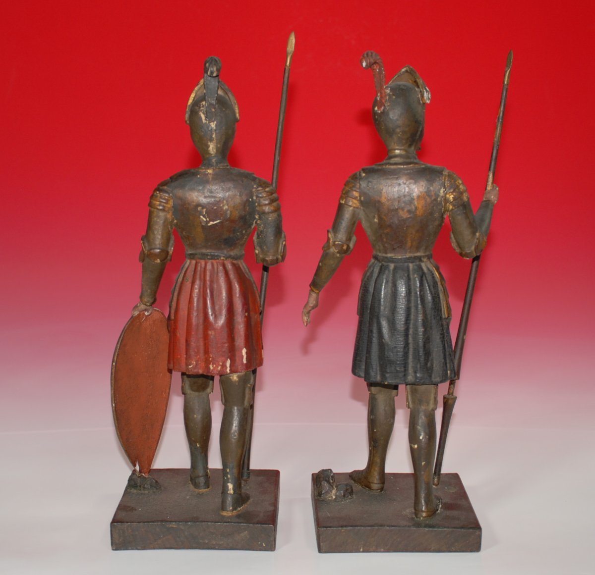 2 large knight figures * carved wood & handpainted * c. 1800