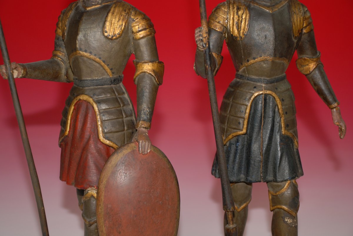 2 large knight figures * carved wood & handpainted * c. 1800