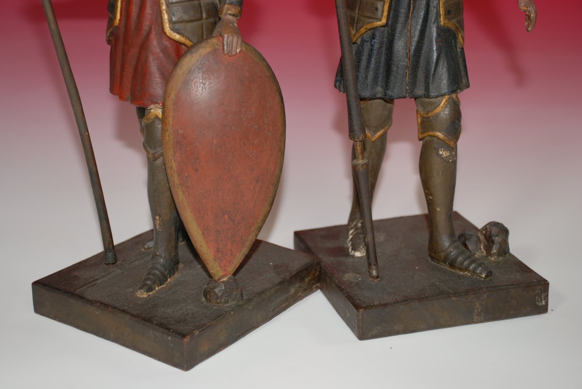 2 large knight figures * carved wood & handpainted * c. 1800
